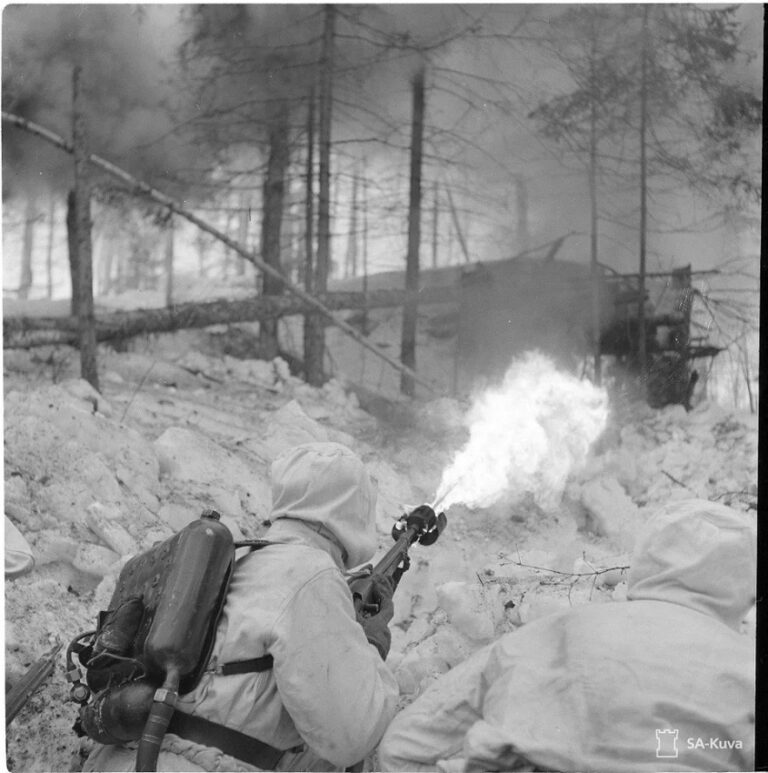 Finnish soldiers training with a captured Soviet flamethrower, 1943 ...